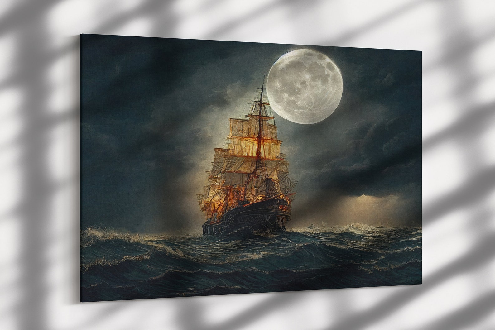 Moon Sailing, Framed Original Ship Oil Painting Print on Canvas in ...