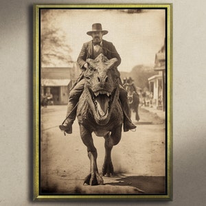 Cowboy Riding T-rex, Vintage Photography Art Style on Canvas, Dark ...