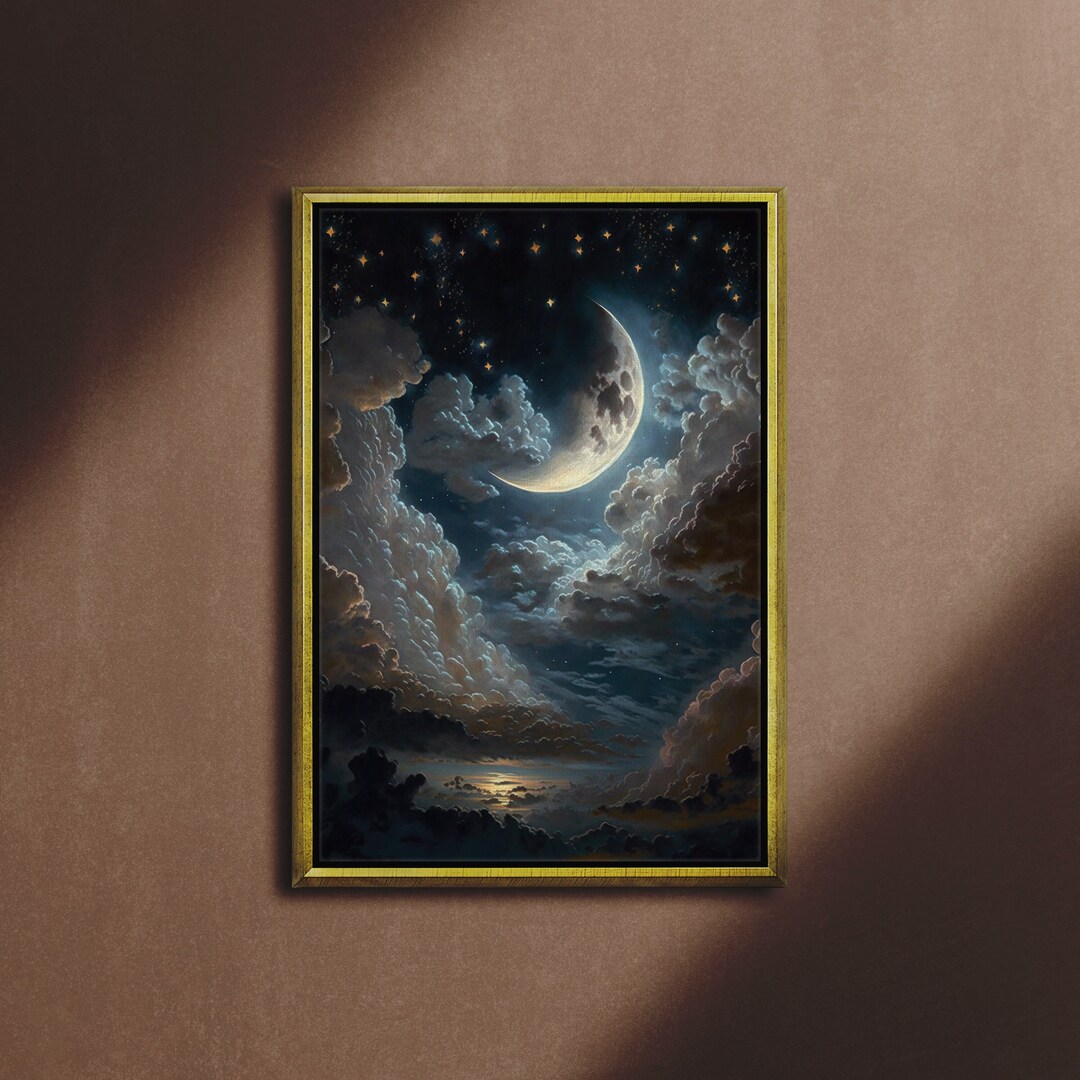 Half Moon and Stars | Framed Oil Painting Style Print on Canvas or Fine ...