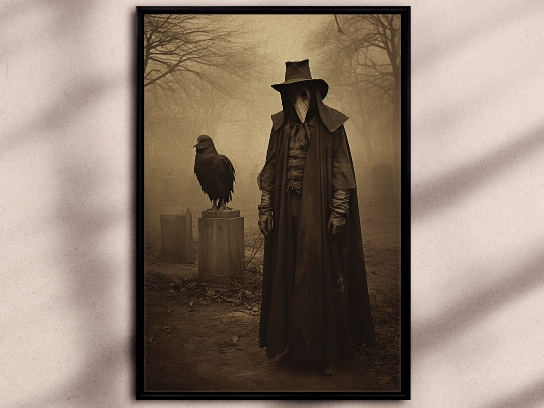Plague Doctor With Raven, Vintage Photo Art Style Print on Canvas, Dark ...