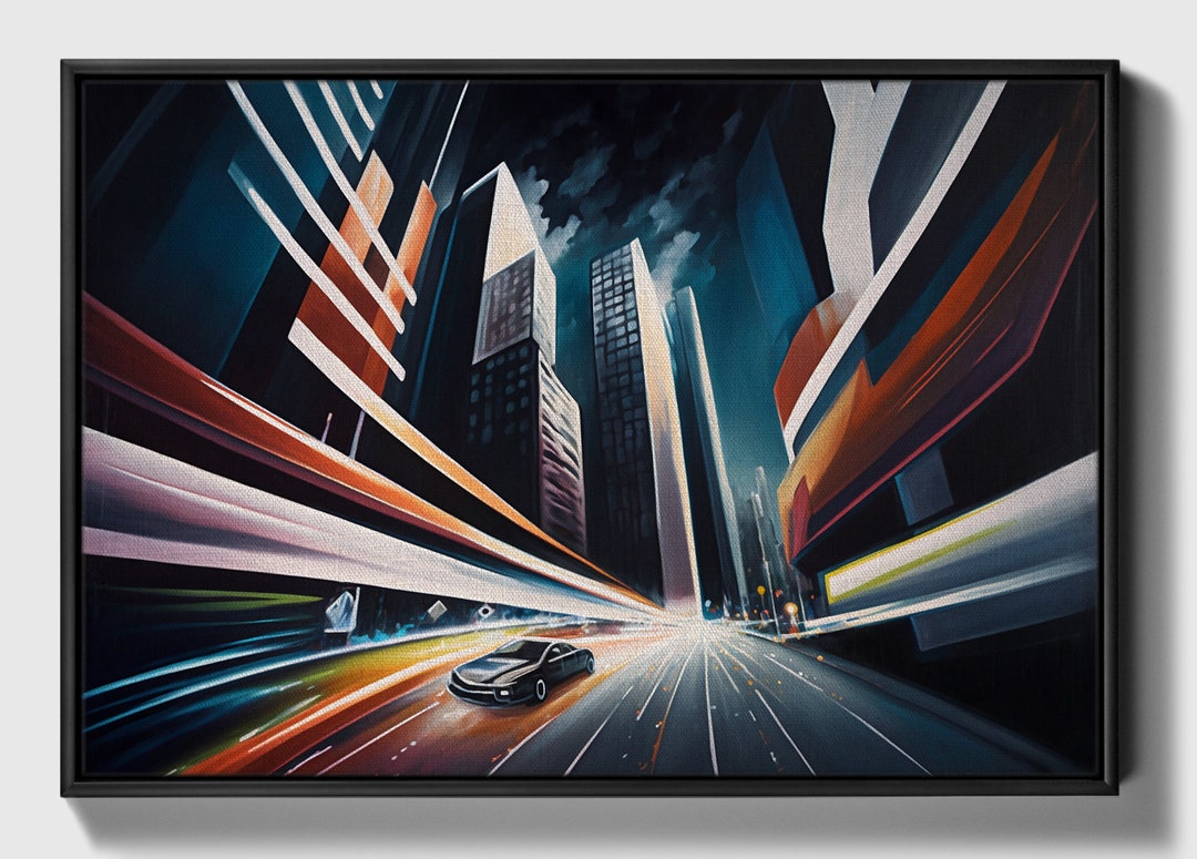 Velocity City, Framed Original Landscape Oil Painting Print on Canvas ...