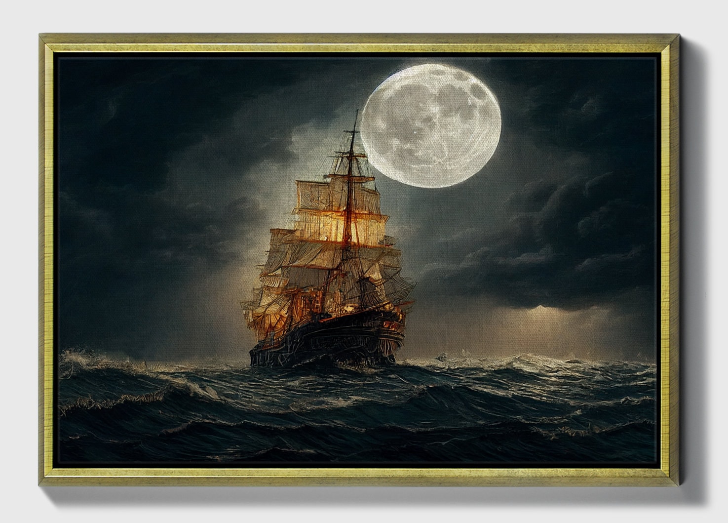 Moon Sailing, Framed Original Ship Oil Painting Print on Canvas in ...