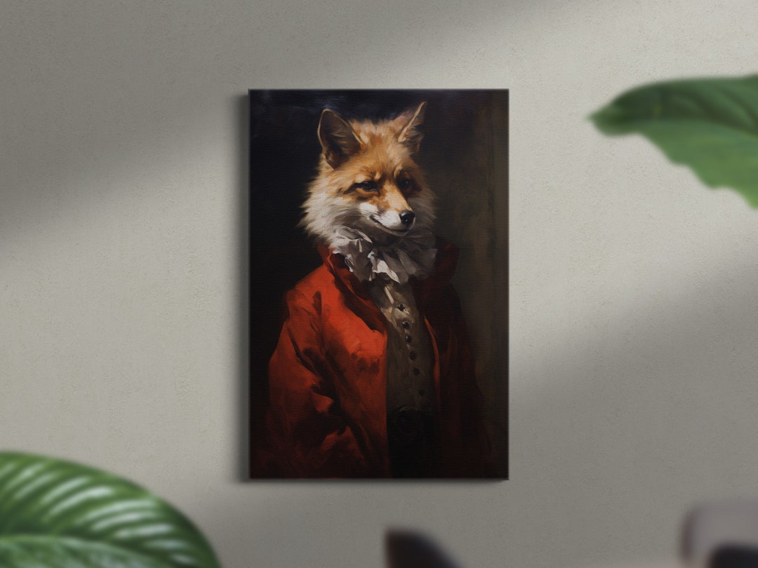 Victorian Red Fox, Oil Painting Art Style Print on Canvas, Dark ...