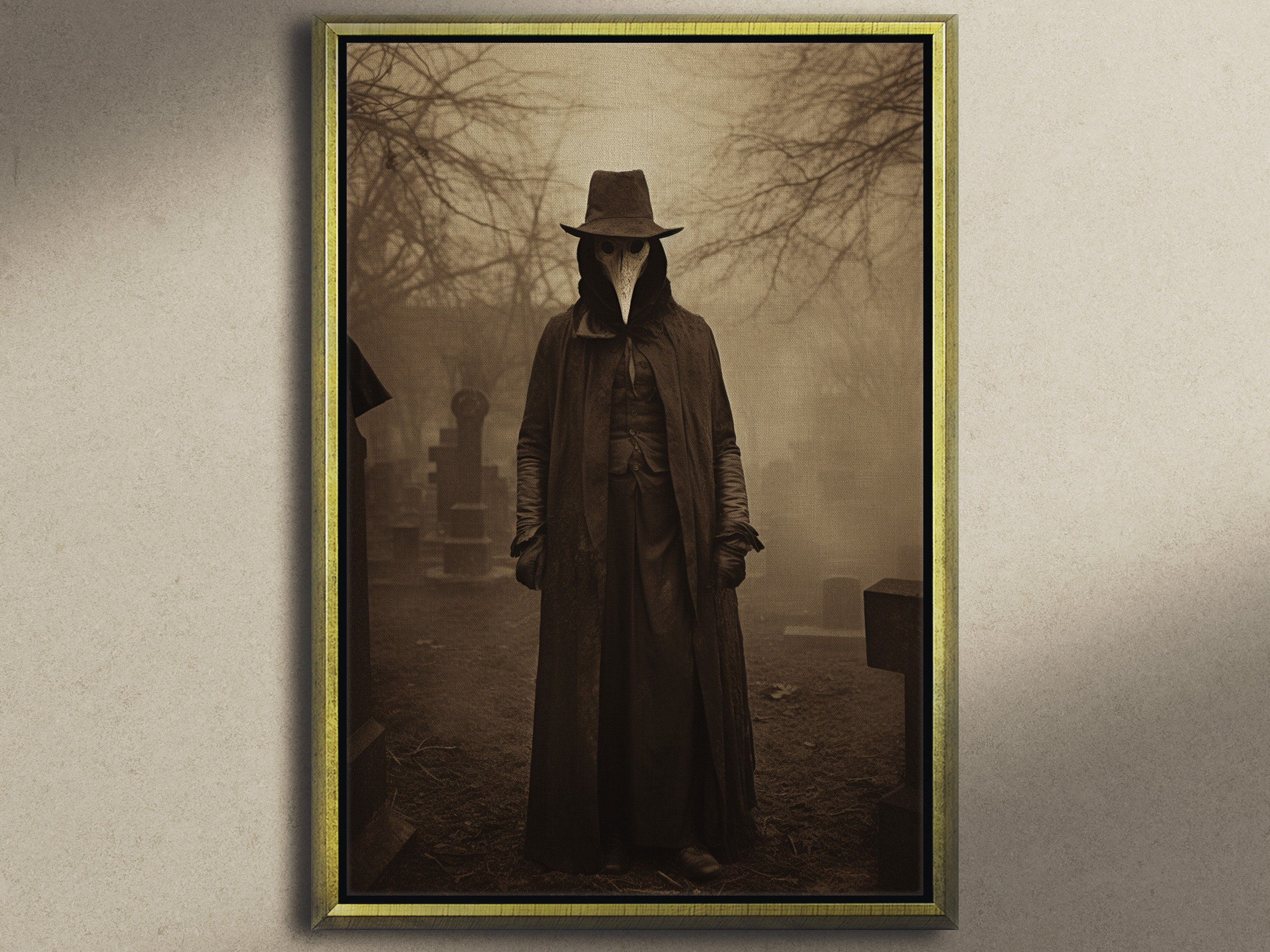 Plague Doctor at Cemetery, Vintage Photo Art Style Print on Canvas ...