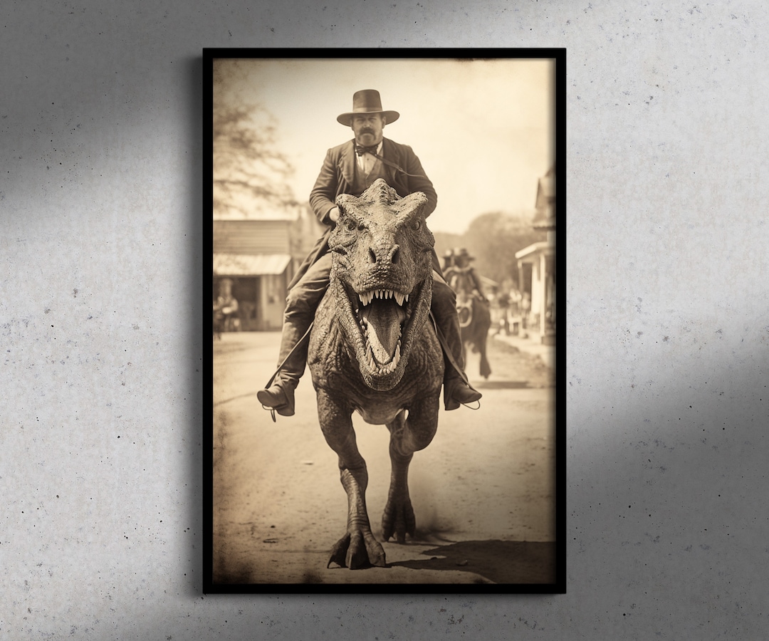 Cowboy Riding T-rex, Vintage Photography Art, Art Print, Dark Academia ...
