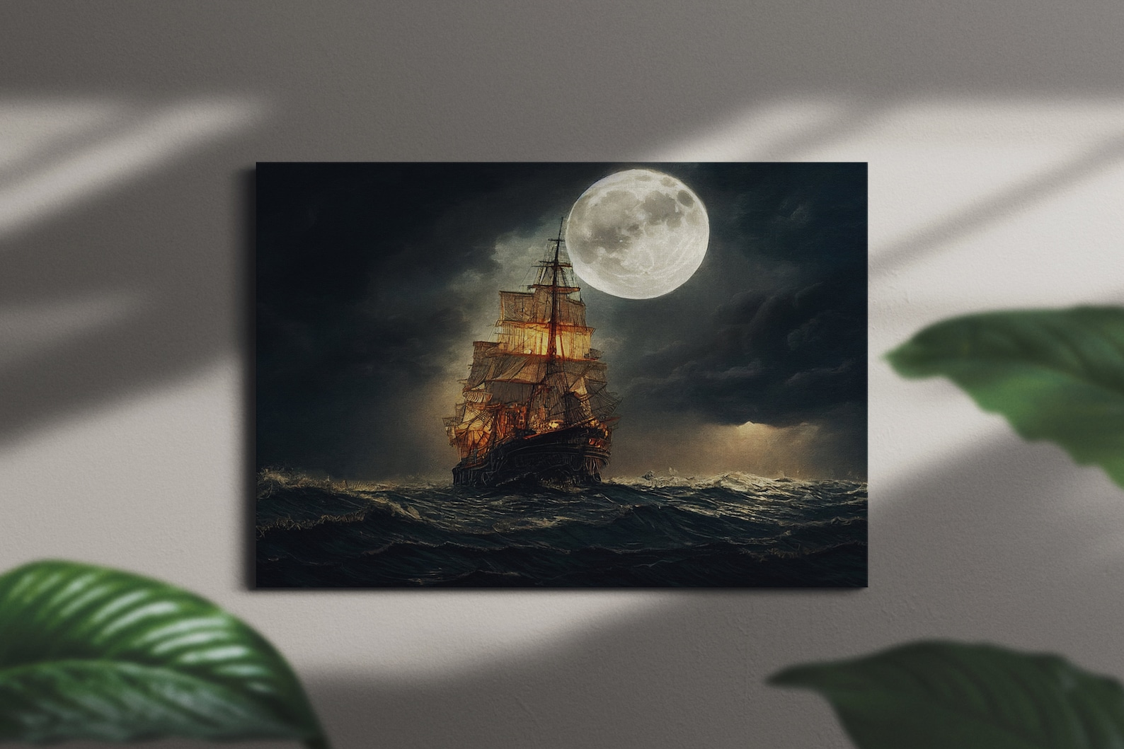 Moon Sailing, Framed Original Ship Oil Painting Print on Canvas in ...