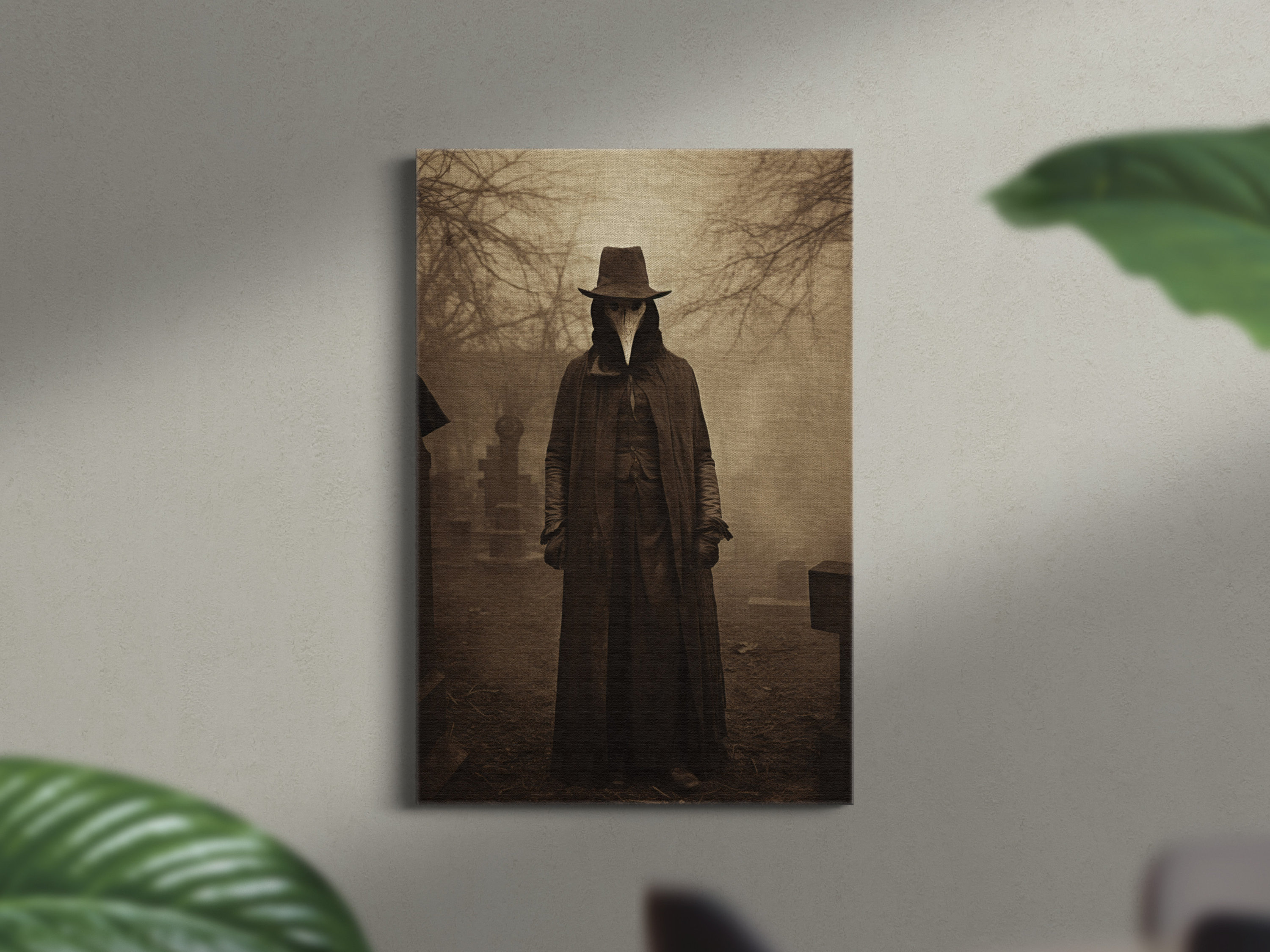 Plague Doctor at Cemetery, Vintage Photo Art Style Print on Canvas ...