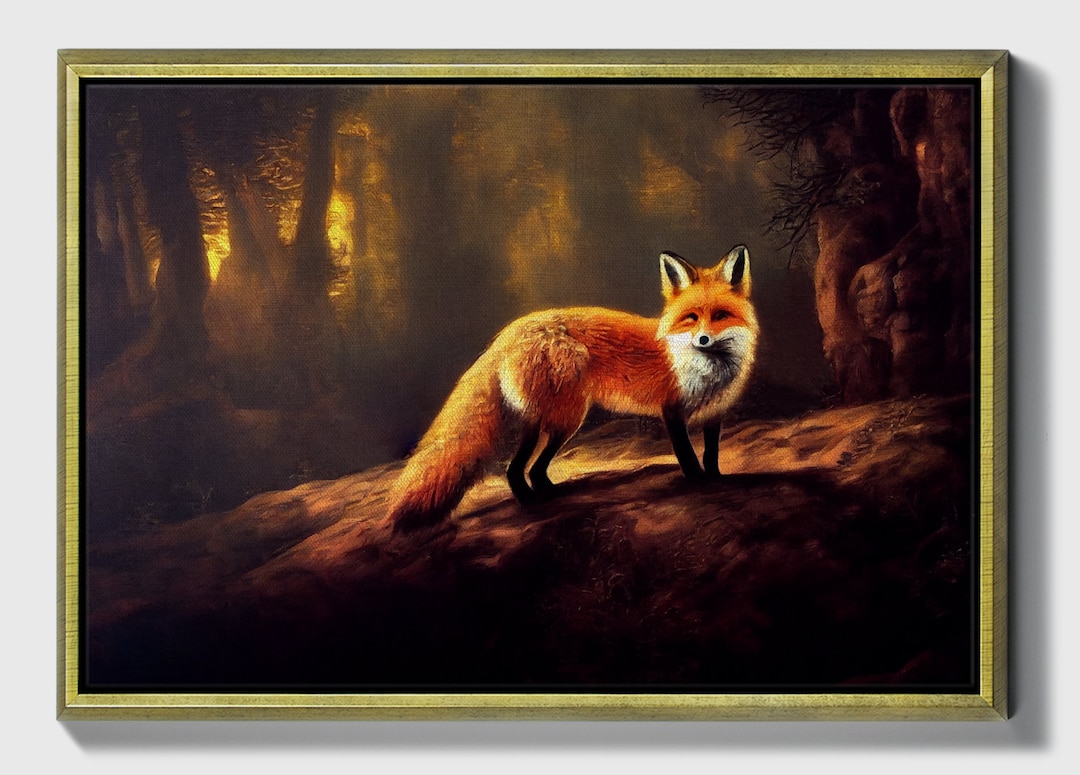 Red Fox, Framed Original Fox Oil Painting Print on Canvas in Gold Frame ...