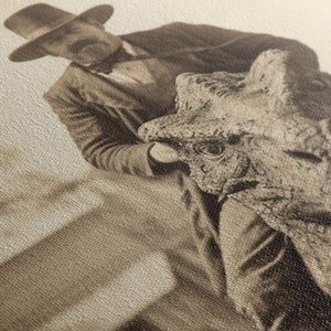 Cowboy Riding T-rex, Vintage Photography Art Style on Canvas, Dark ...