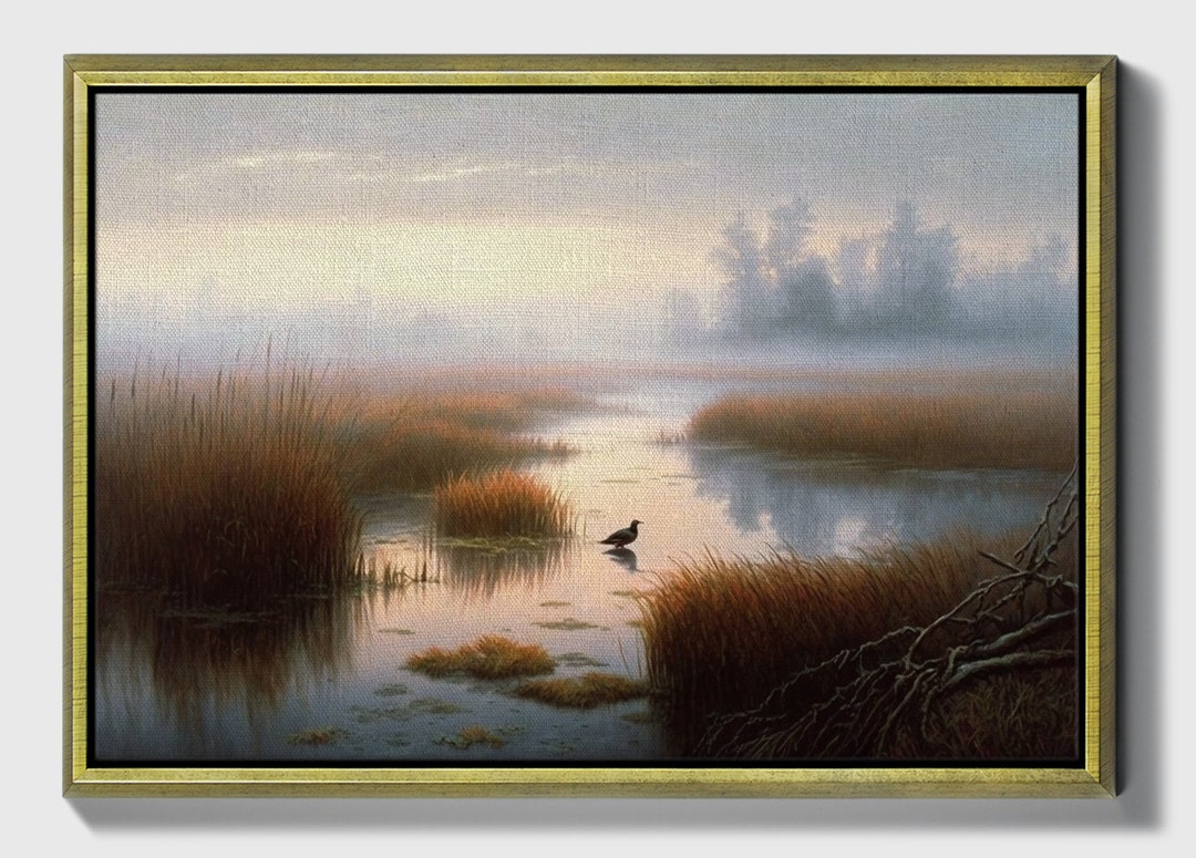 Misty Morning Marsh, Framed Original Landscape Oil Painting Print on ...