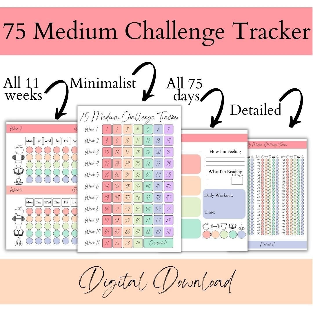 75 Medium Challenge Tracker Digital Download Fitness Tracker - Etsy