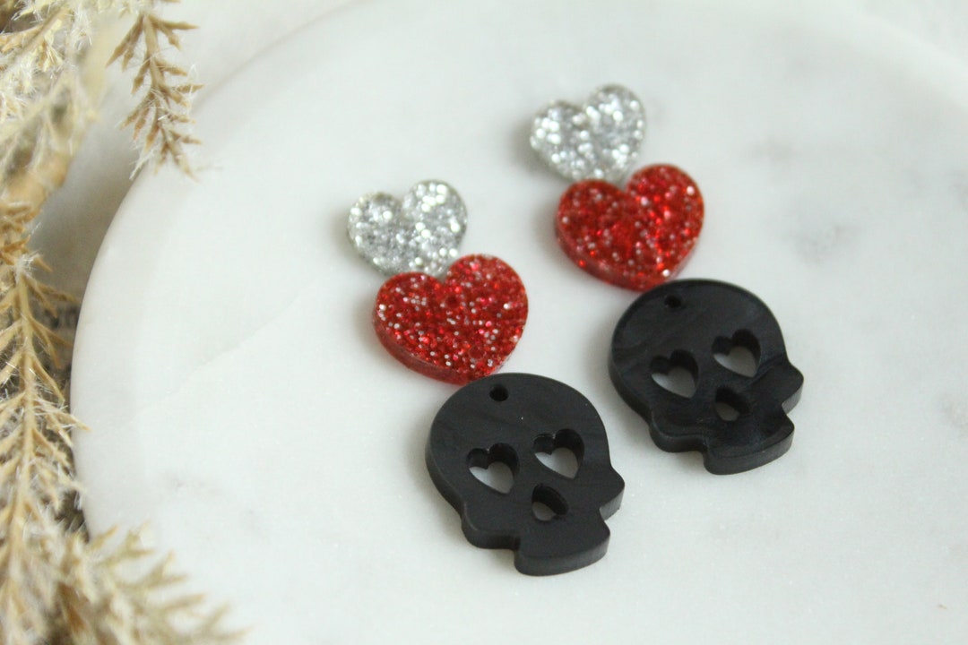 Heart Skull Stack Black Skull and Red Glitter Heart Stack Earring ...
