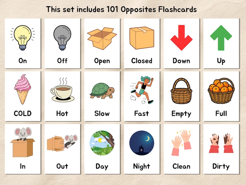 100 Opposites Flash Cards for Preschool, Opposites Cards, Educational ...