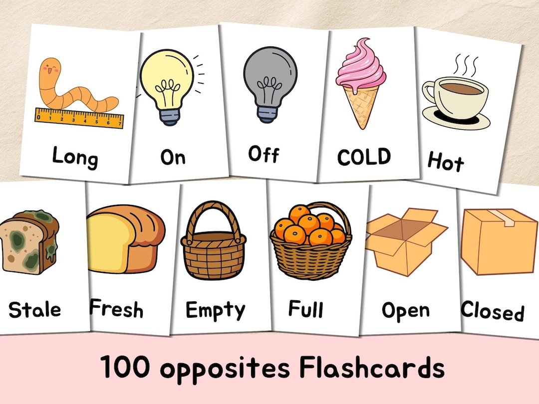 100 Opposites Flash Cards for Preschool, Opposites Cards, Educational ...