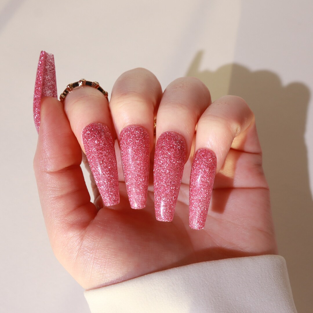 Dip Powder Press on Nails Pink Rose Gold Glitter Dip Powder Press on Nails Sculpted Press on ...