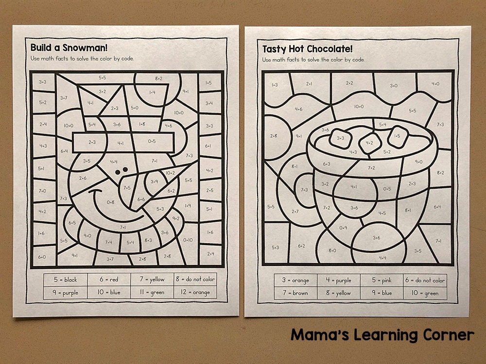 Winter Color by Addition and Subtraction Worksheets - Etsy