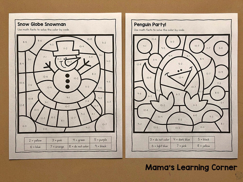 Winter Color by Addition and Subtraction Worksheets - Etsy