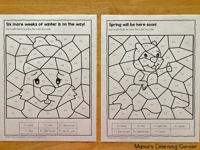 Groundhog Day Color by Code Addition and Subtraction Worksheets - Etsy