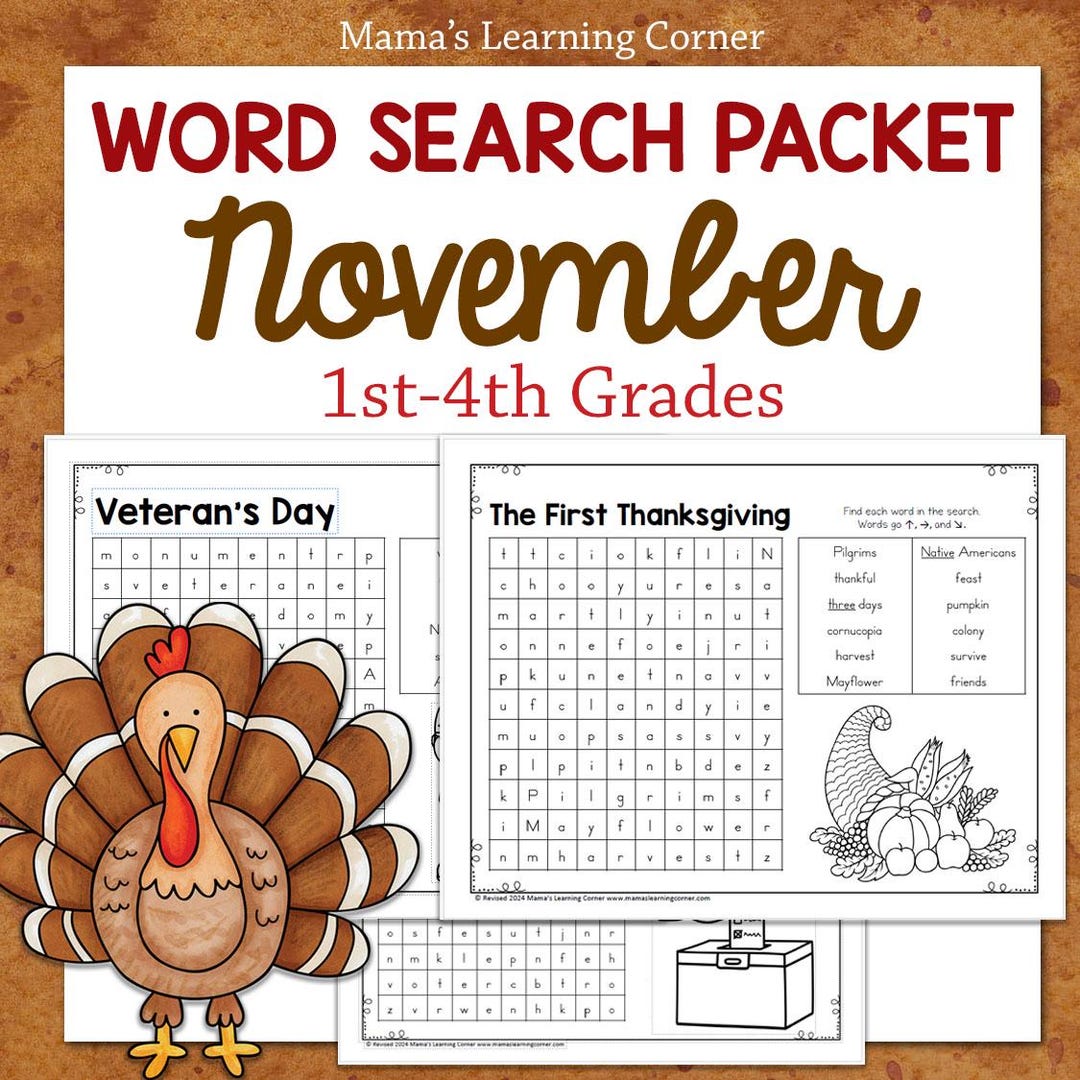 November Word Search Puzzles - Thanksgiving, Corn, Turkeys, Cranberries ...