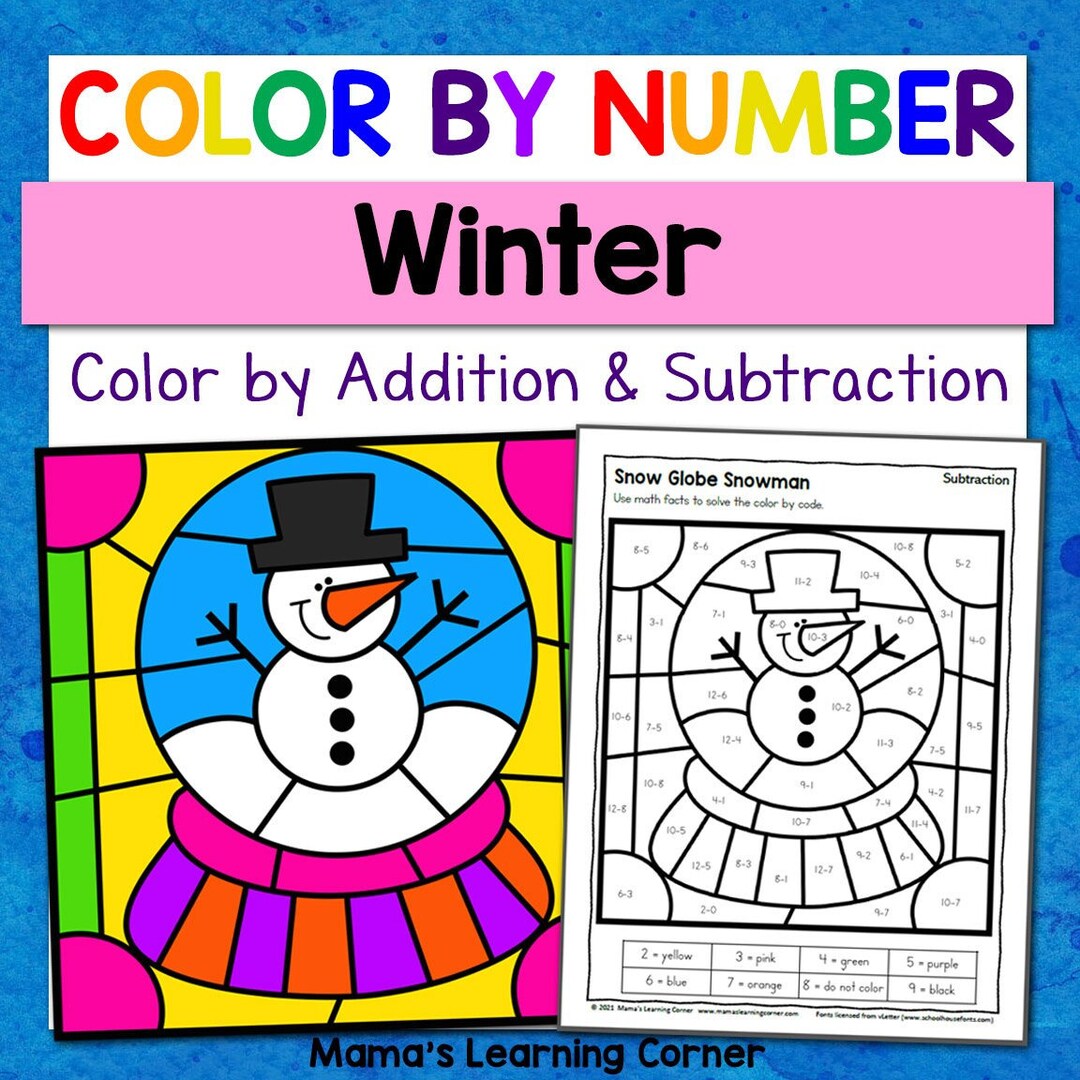 Winter Color by Addition and Subtraction Worksheets - Etsy
