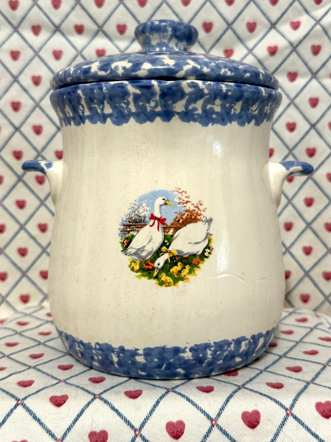 Vintage Speckled Spongeware Duck Goose Kitchen Canister or Grease Crock ...