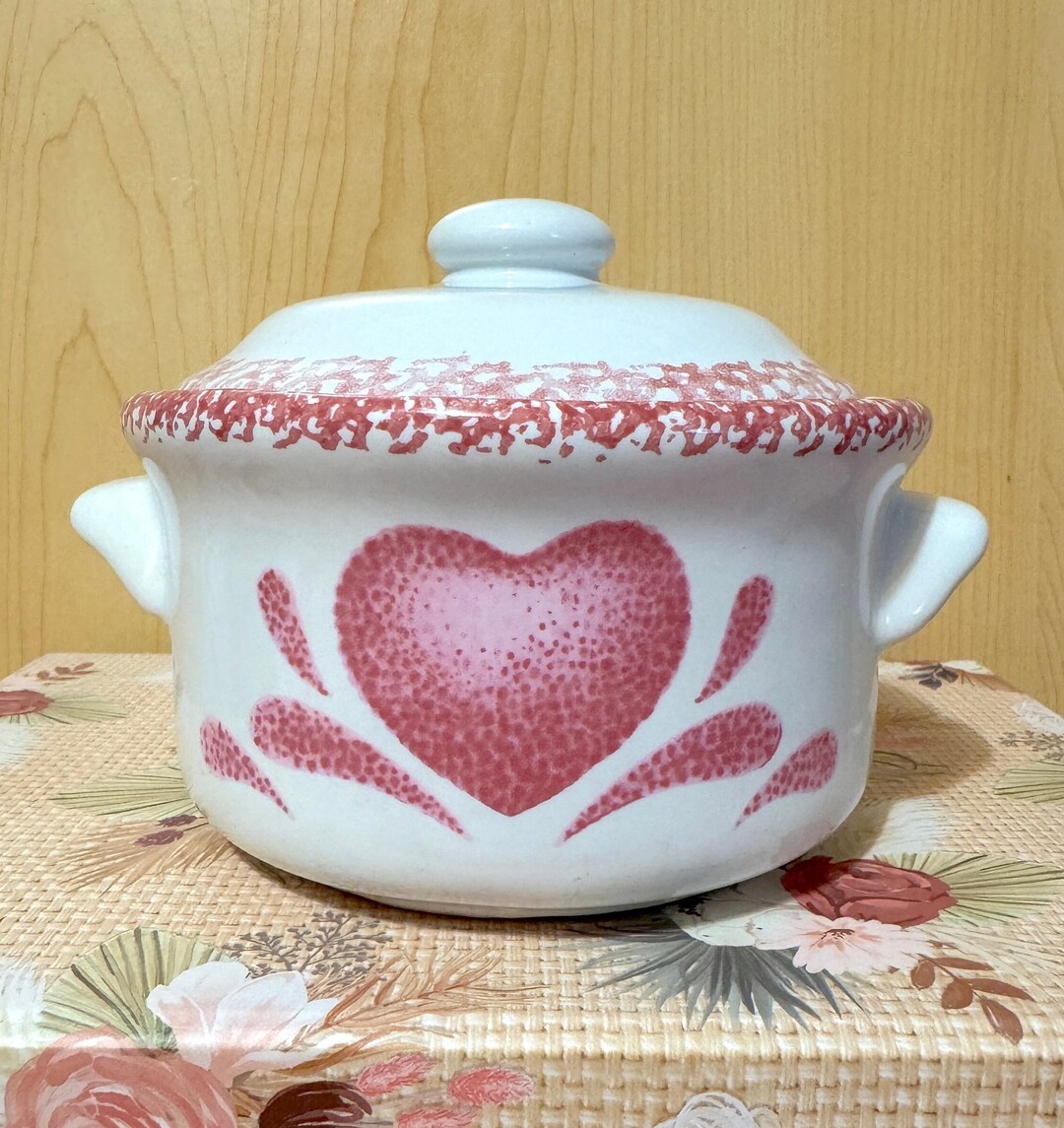 Vintage Pink and Blue Heart Design Spongewear Miniature Crock With Lid ...
