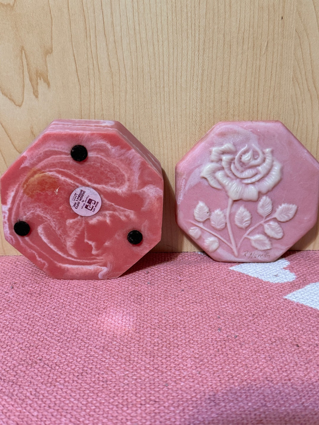 Vintage Robert Nemith Pink Incolay Soapstone Octagon Shape Rose Design ...