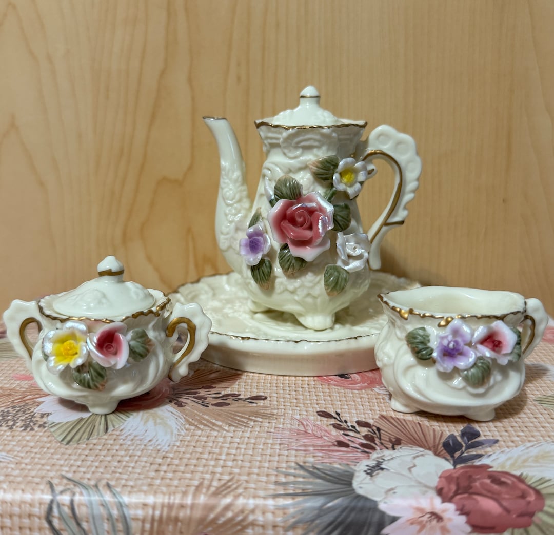 Vintage Four Piece Porcelain China Miniature Tea Set With 3D Floral ...