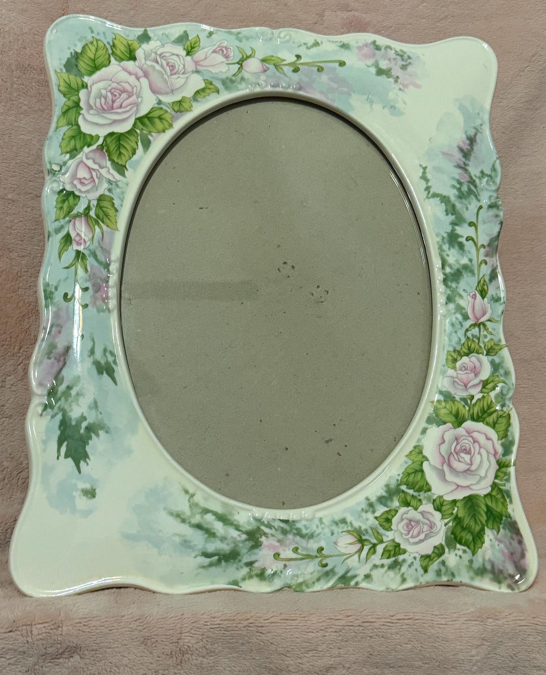 Large Vintage Ceramic Painted Pink and Green Florals Standing Photo ...