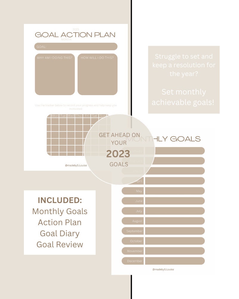 GOAL PLANNER BUNDLE Undated Neutral 2023 Printable Productivity Action ...