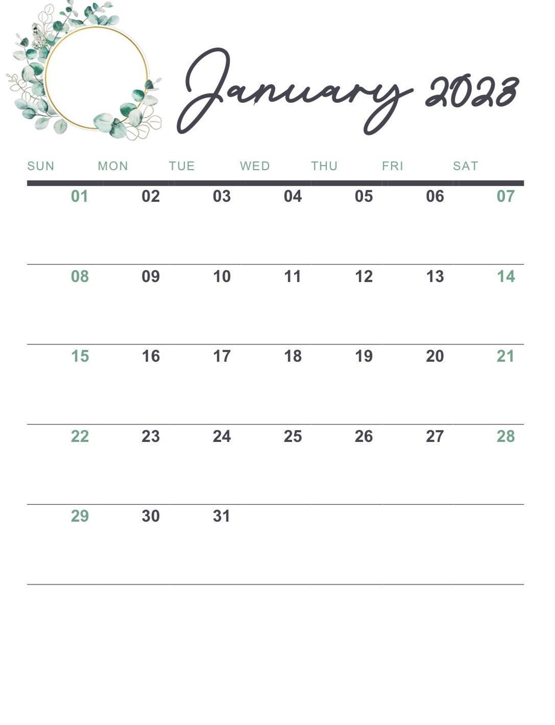 2023 Floral Eucalyptus Calendar Monthly Calendar Birthday - Etsy