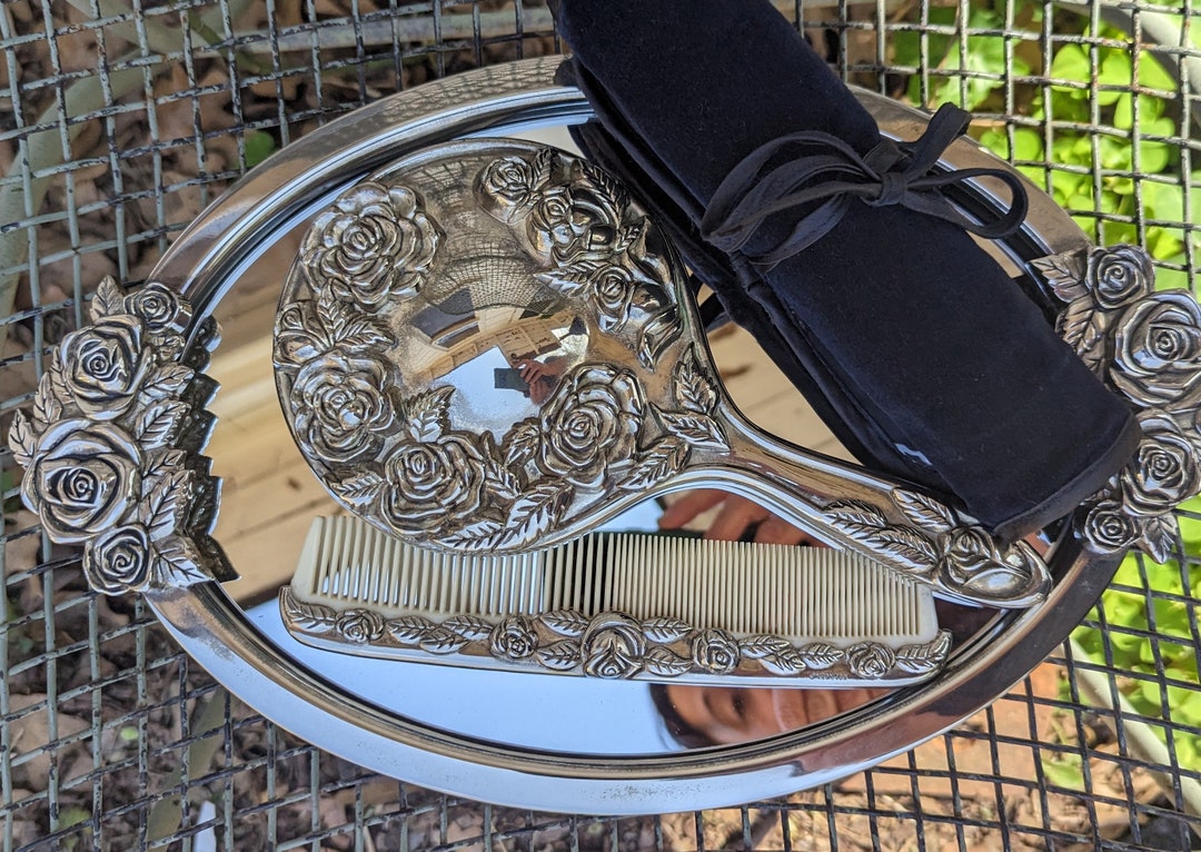 Godinger Silver Plate Rose Oval Mirrored Tray Vanity Set Vintage Comb ...