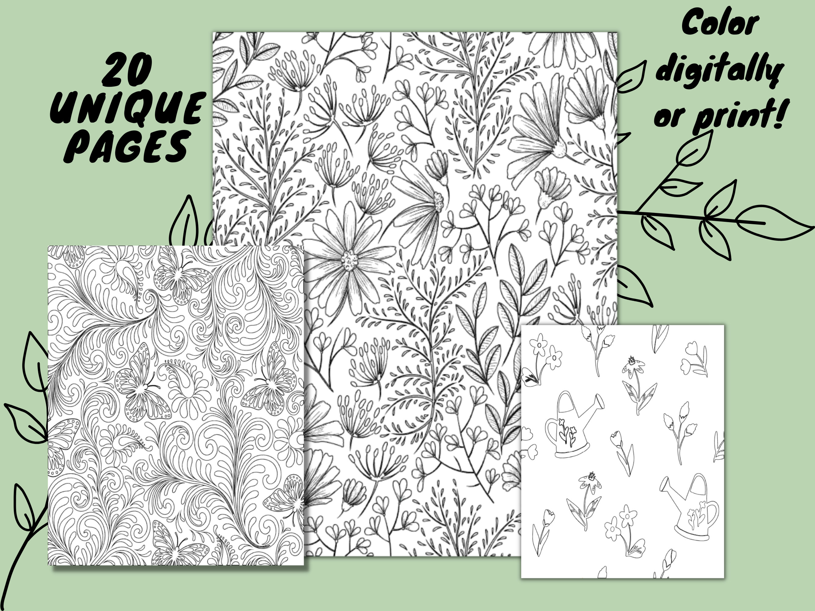 Digital Coloring Book Floral Themed 20 Unique Printable Pages, Digital ...
