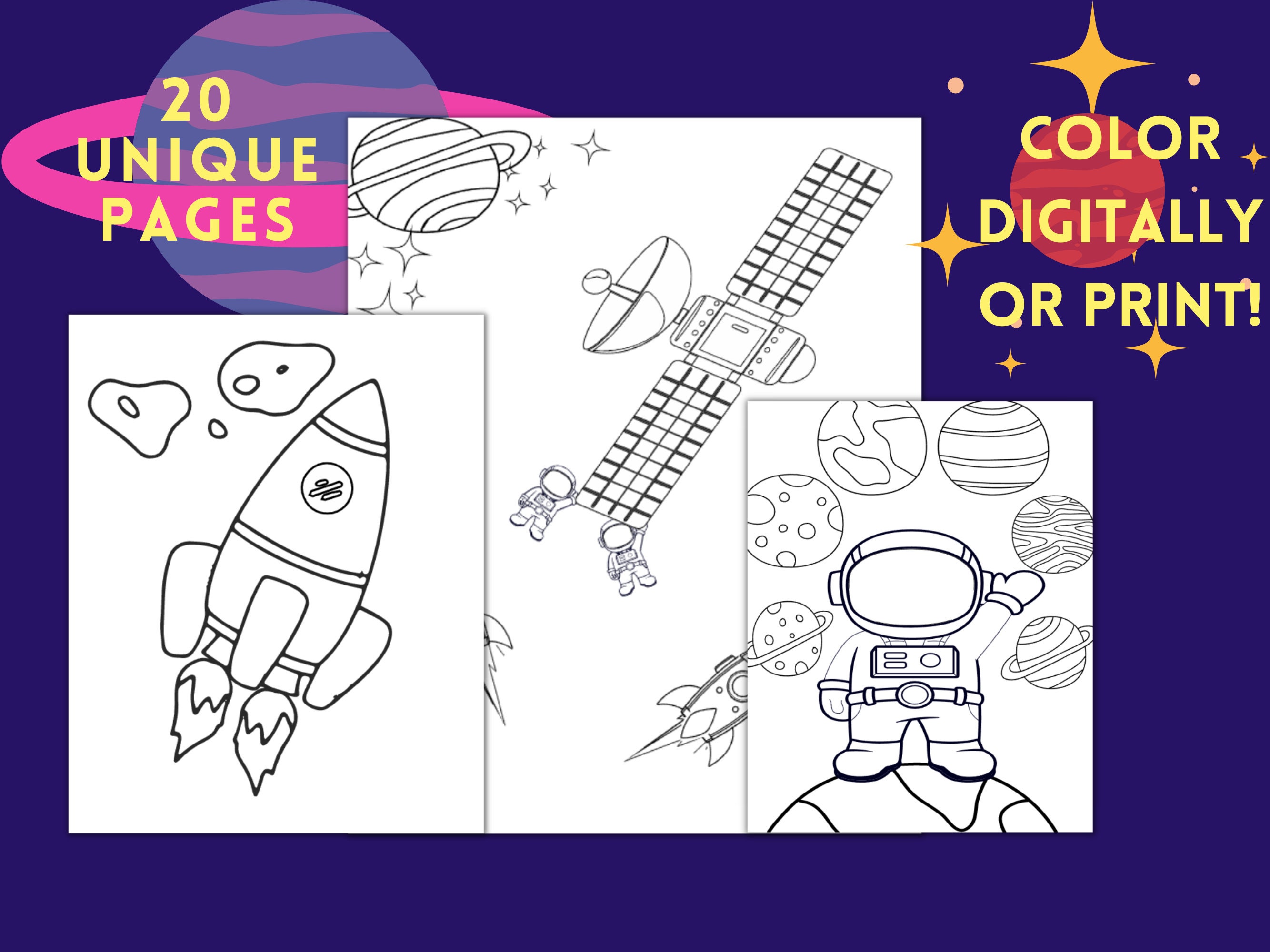 Digital Coloring Book Space and Alien Themed 20 Unique Printable Pages ...