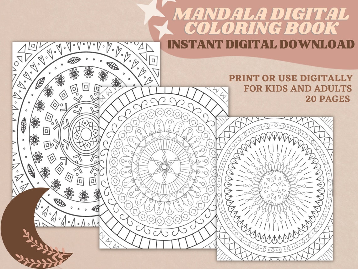 Digital Coloring Book Mandala Themed 20 Unique Printable Pages, Digital ...