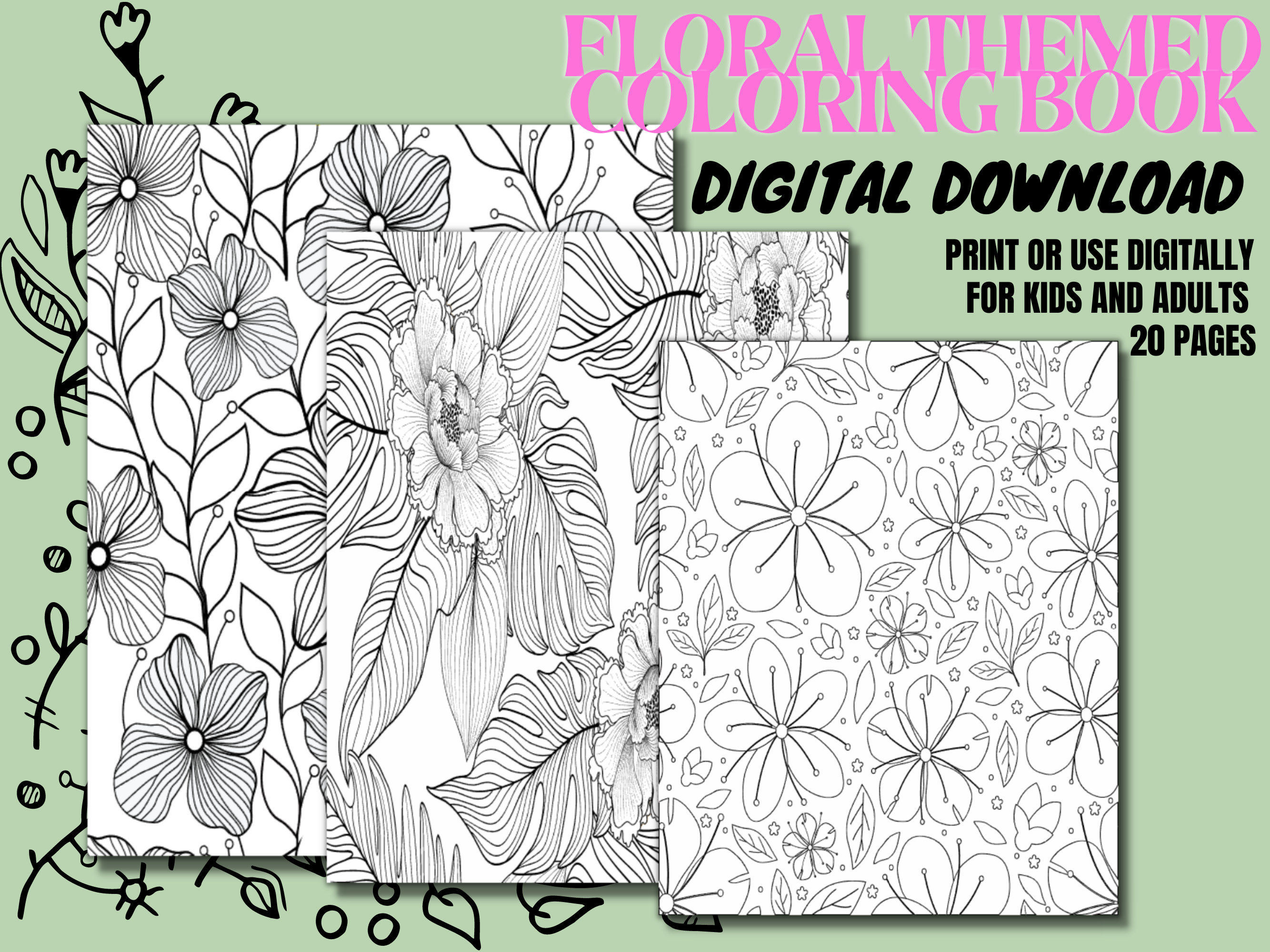 Digital Coloring Book Floral Themed 20 Unique Printable Pages, Digital ...