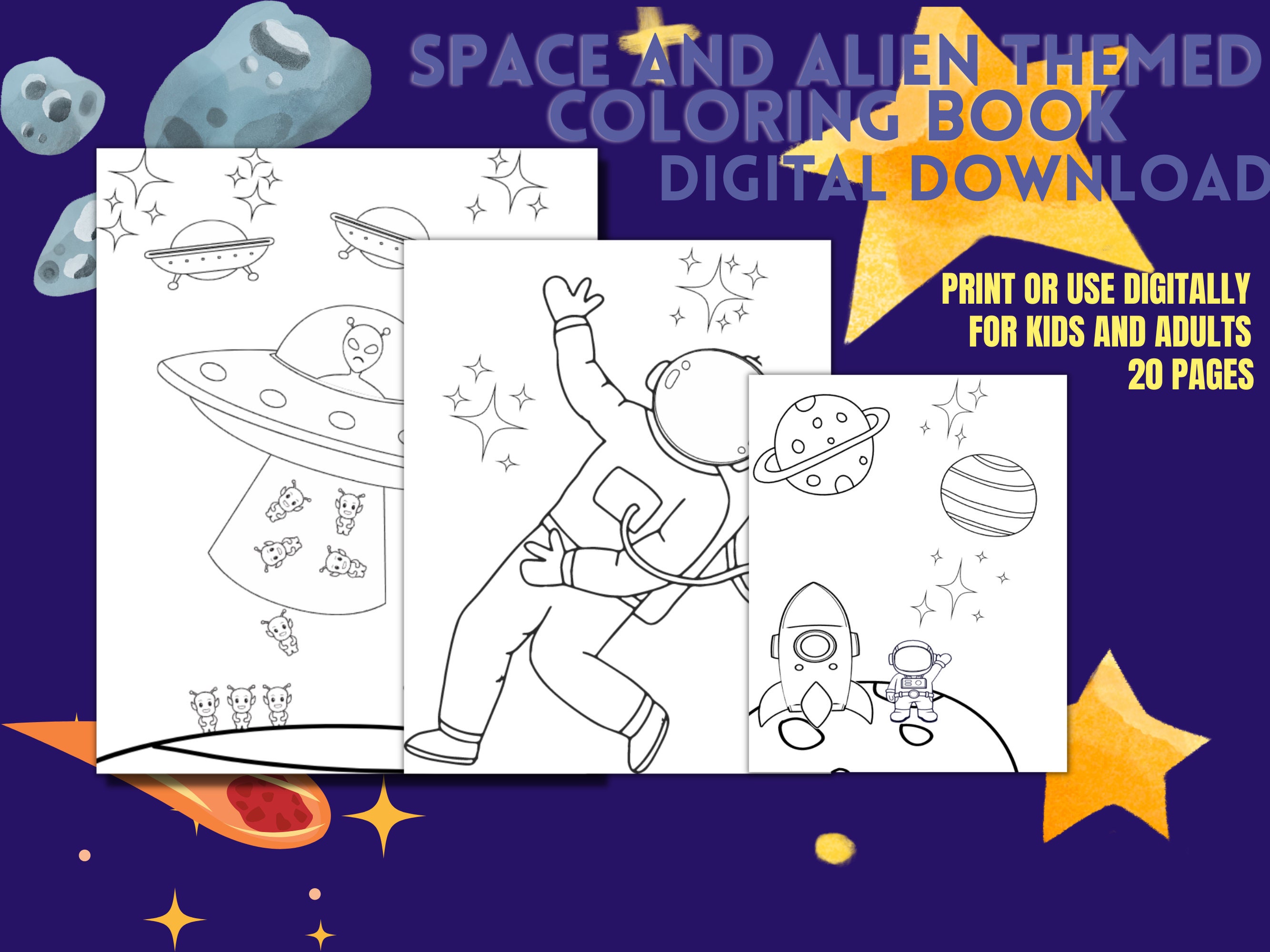 Digital Coloring Book Space and Alien Themed 20 Unique Printable Pages ...