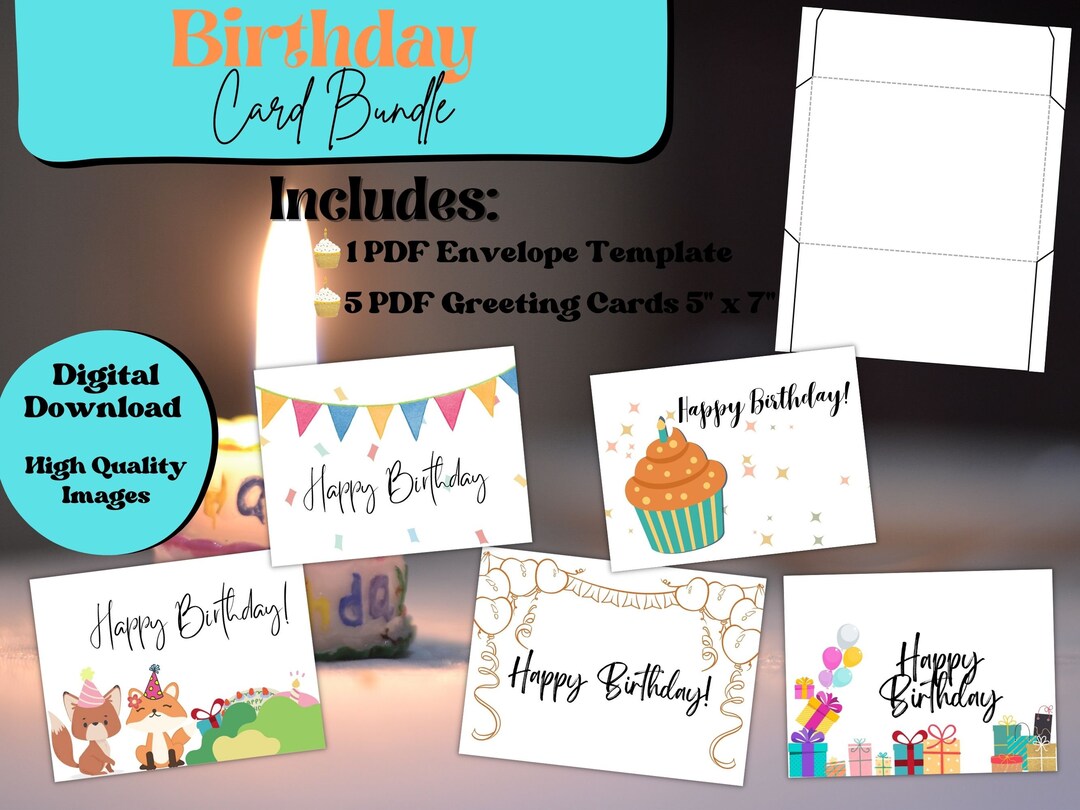 5 Printable Birthday Cards Bundle With Envelope Template, 5"x7 ...
