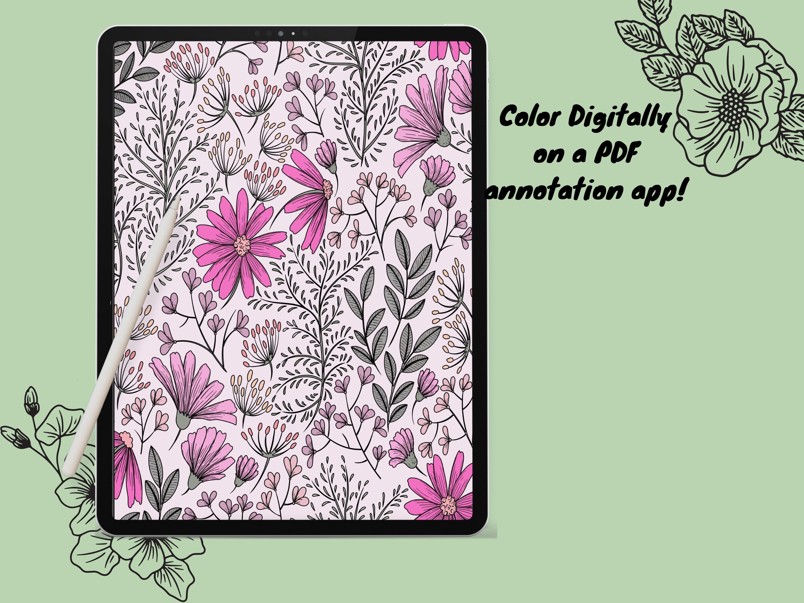 Digital Coloring Book Floral Themed 20 Unique Printable Pages, Digital ...