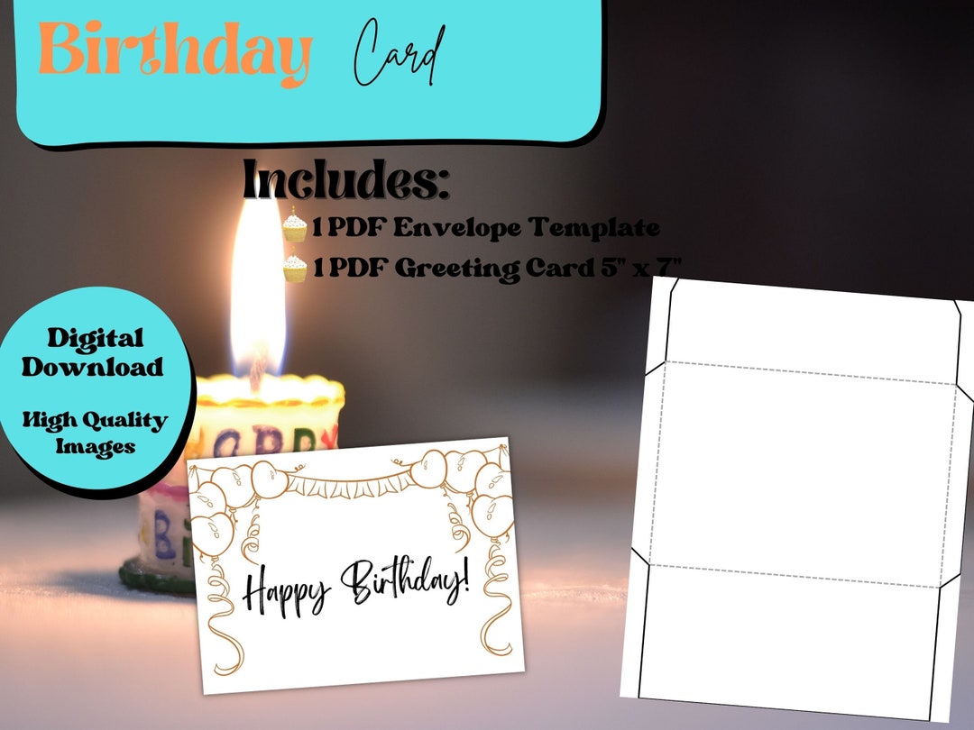 Printable Happy Birthday Card With Envelope Template, 5x7 Greeting ...