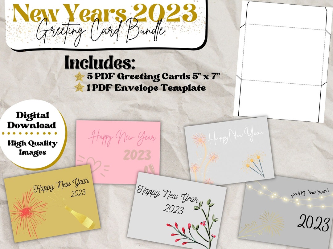 5 Printable New Year Cards Bundle With Envelope Template, 5"x7 ...