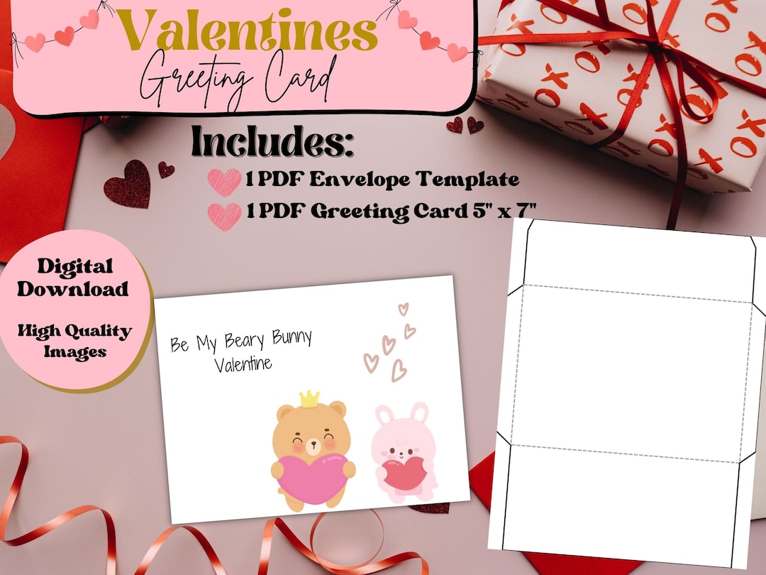 Printable Valentine Card With Envelope Template, 5"x7" Greeting Cards ...