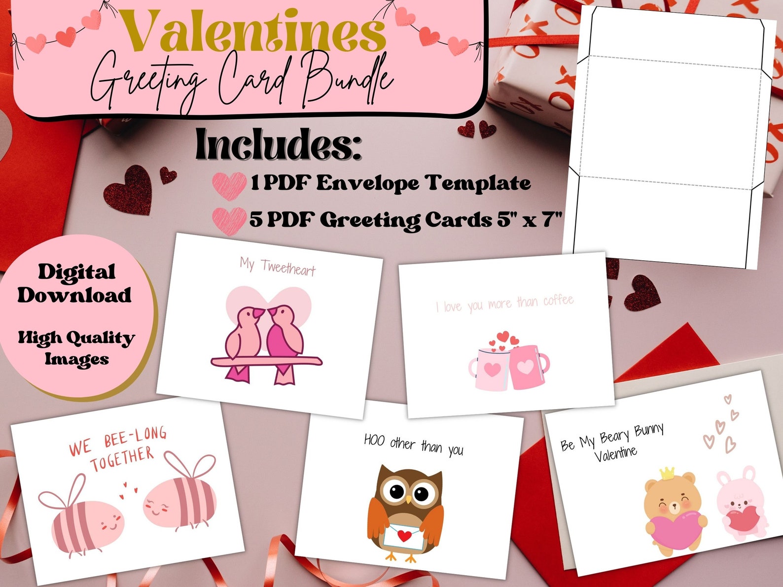 5 Printable Valentine Cards Bundle With Envelope Template, 5"x7 ...
