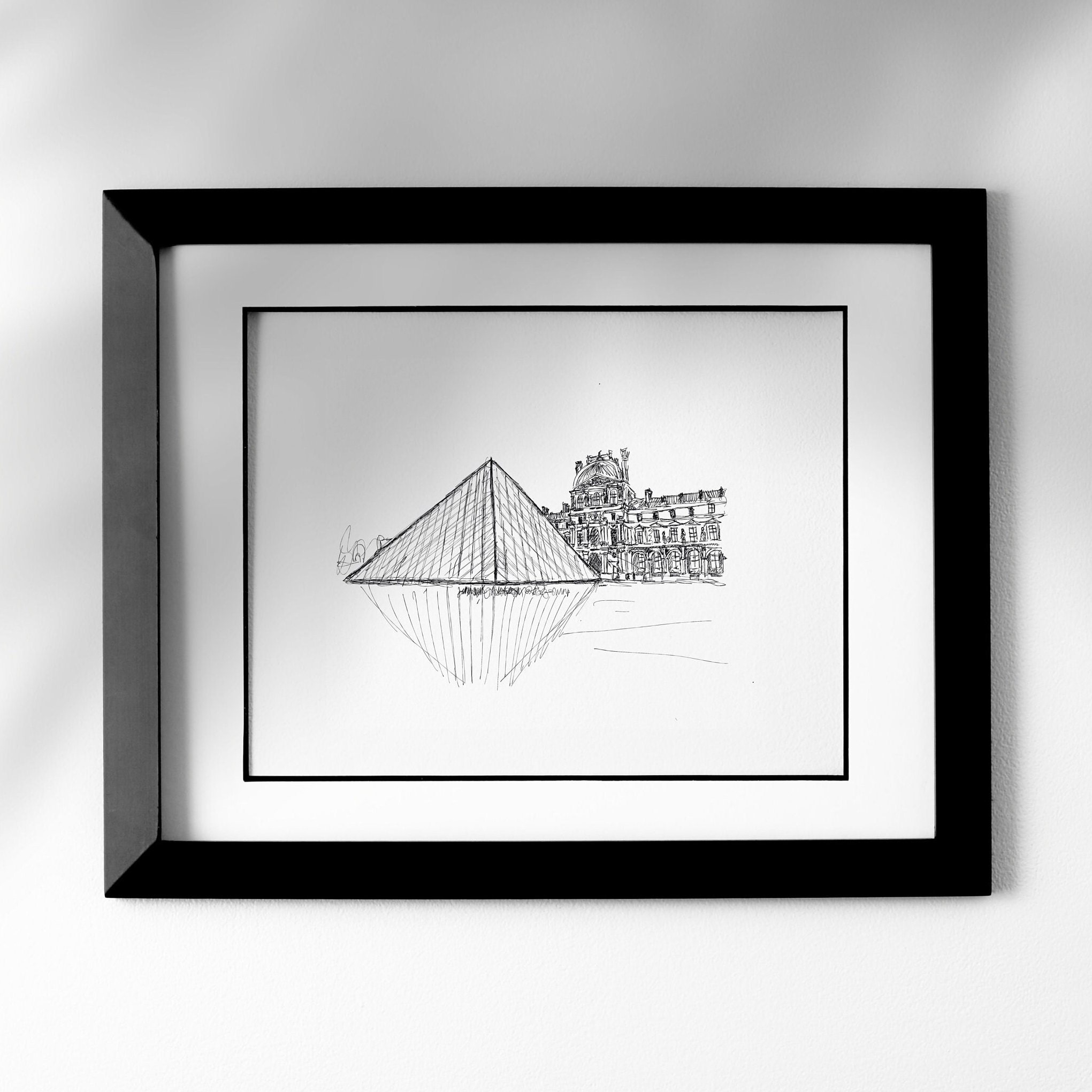 The Louvre Museum Sketch Black & White Drawing Paris Landmark Print ...