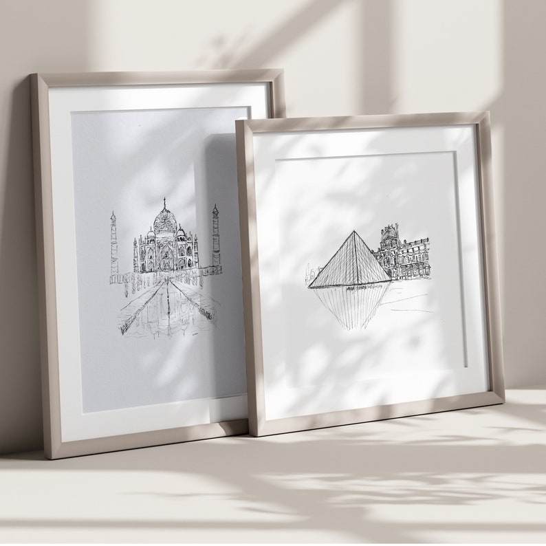 The Louvre Museum Sketch Black & White Drawing Paris Landmark Print ...