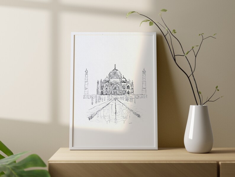 The Taj Mahal Sketch Black & White Drawing India Landmark Print Instant ...