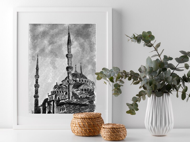 Istanbul Mosque Sketch Black & White Printable Drawing Istanbul Turkiye ...