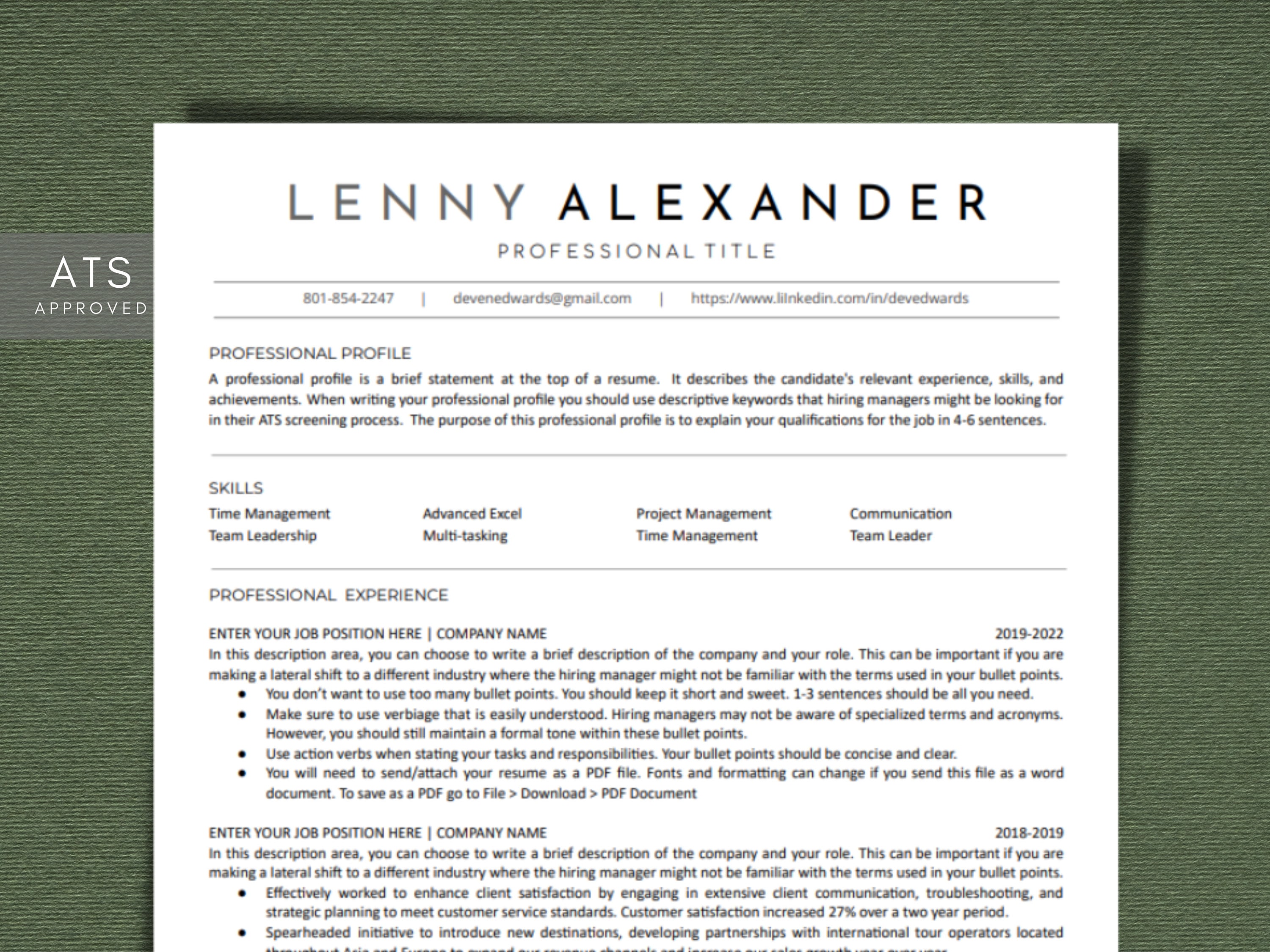ATS Friendly Word and Google Docs Resume Template, Professional Resume ...