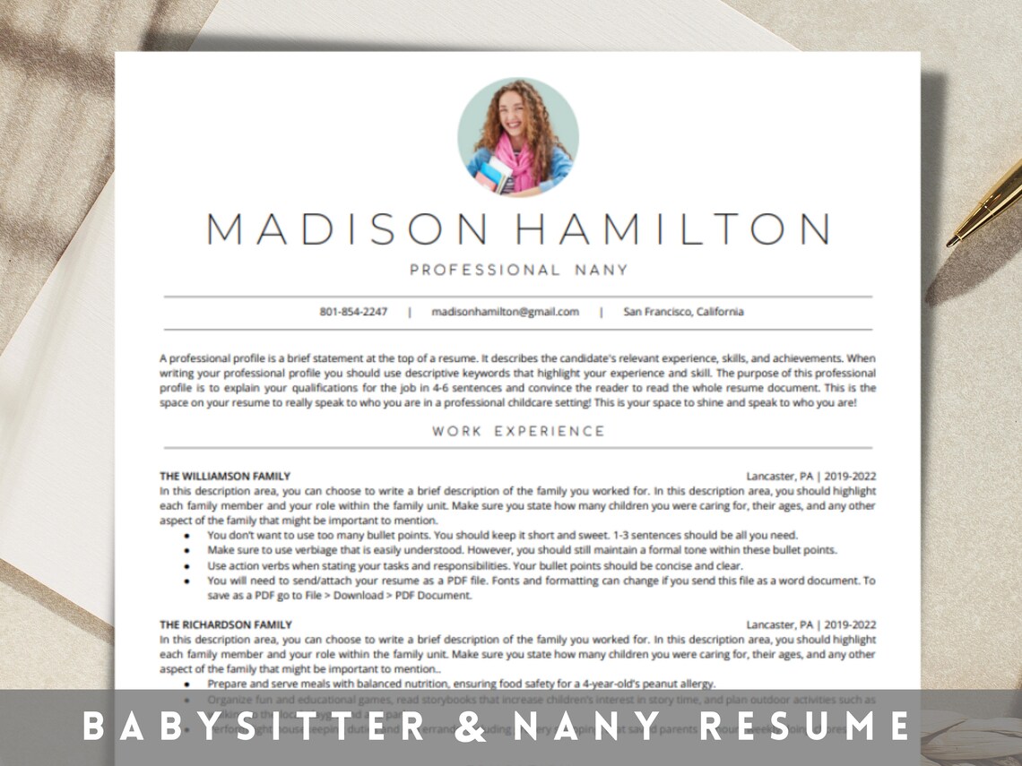 Nanny & Babysitter Resume With Photo, Professional Resume Google Docs ...