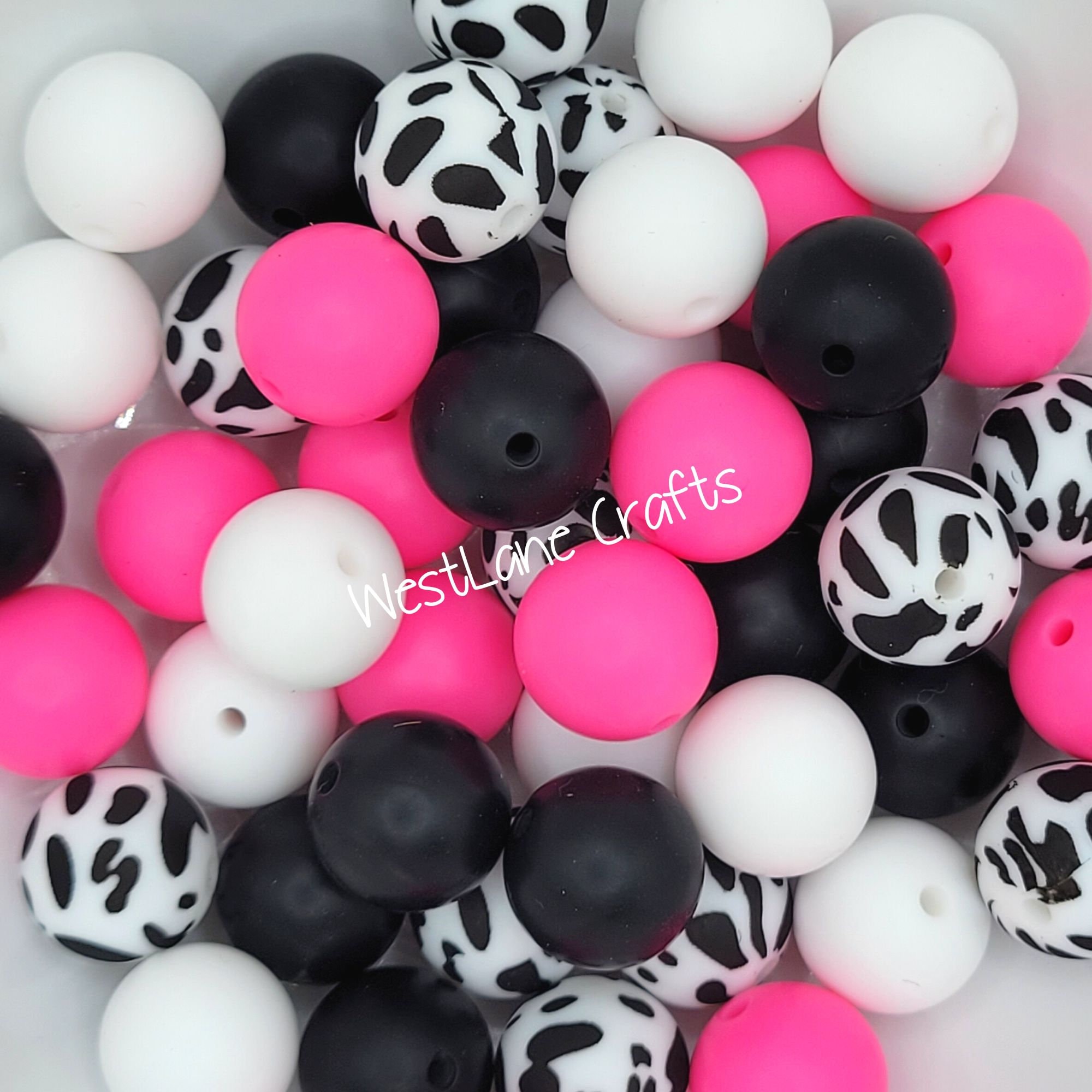 Cow Print Silicone Bead Mix, Hot Pink, Black and White Silicone Beads ...